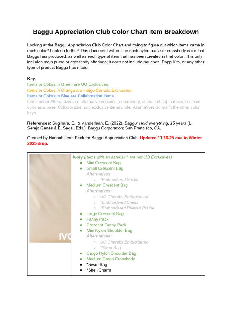 Baggu Color Chart Item Breakdown | PDF | Backpack | Peanuts