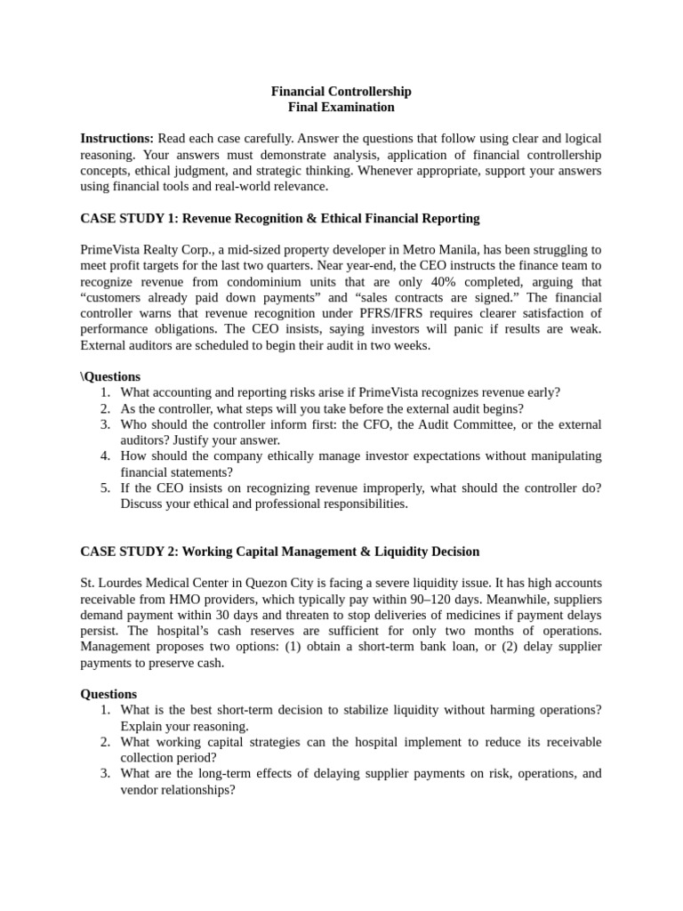 Financial Controllership Exam Cases Analysis | PDF | Business | Economies