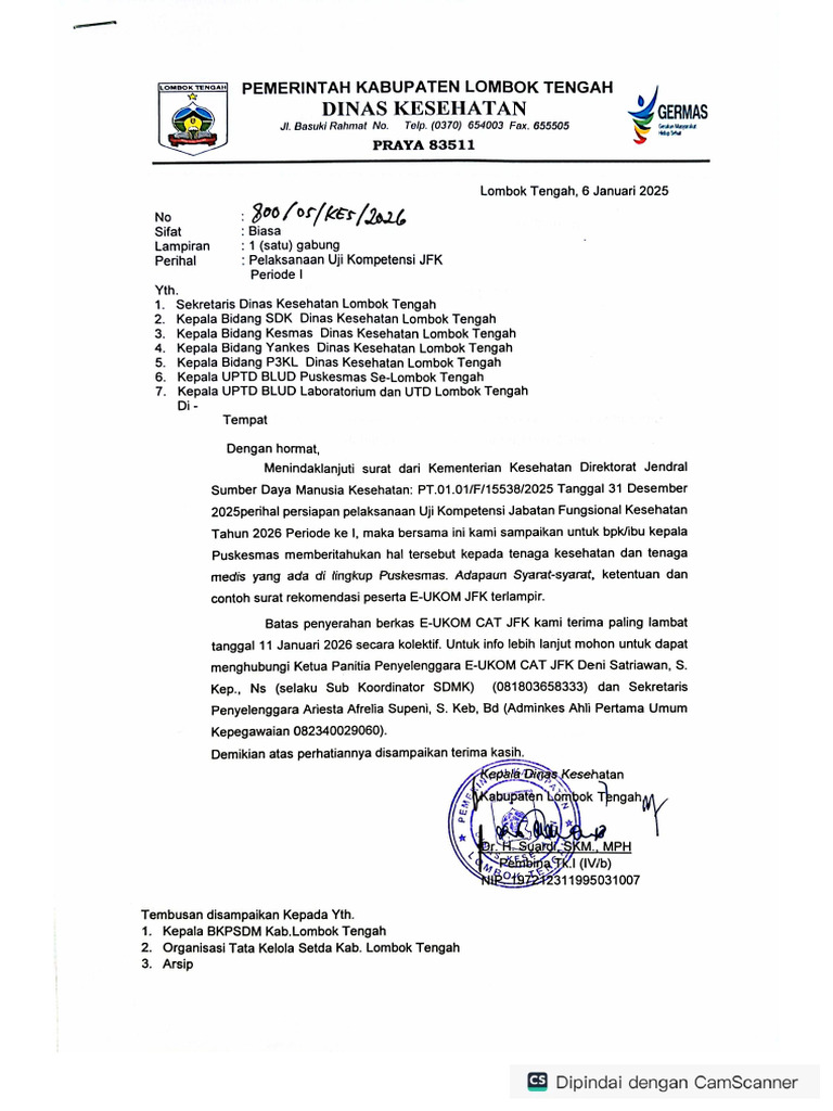 Surat Pemberitahuan UKOM JFK CAT Dikes Loteng 2026 | PDF