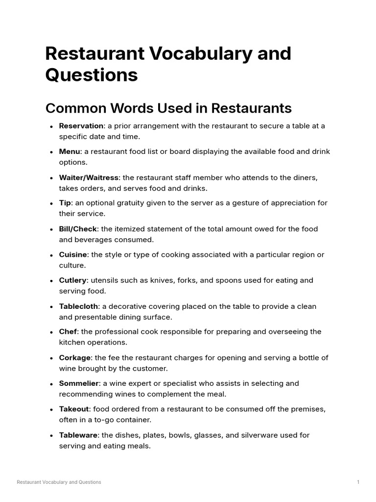 Essential Restaurant Vocabulary Guide | PDF | Restaurants | Waiting Staff
