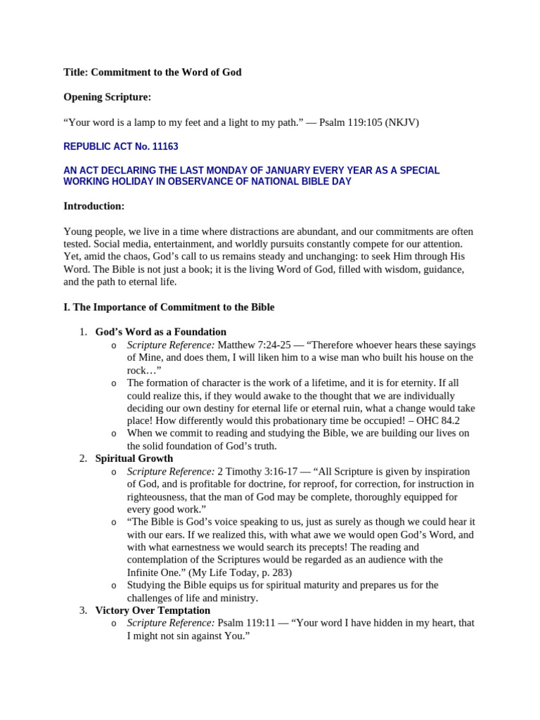 Bible Reading Commitment Message | PDF | Bible | Prayer