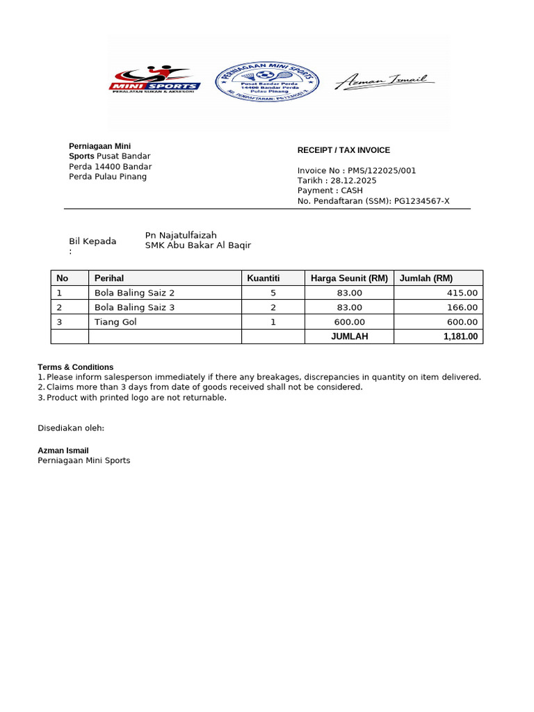 Mini Sports Invoice for Equipment Purchase | PDF