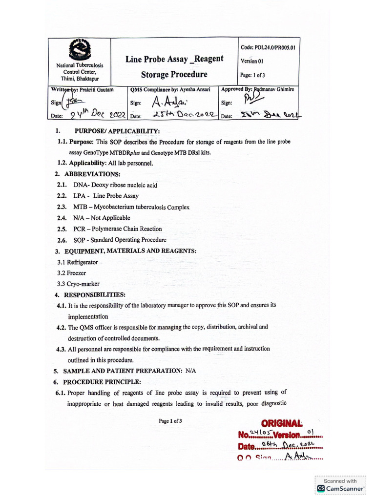 LPA Reagent Storage Procedure | PDF