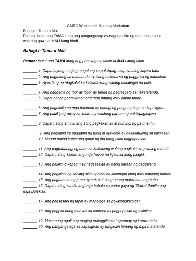 GMRC Worksheet - Ikatlong Markahan | PDF