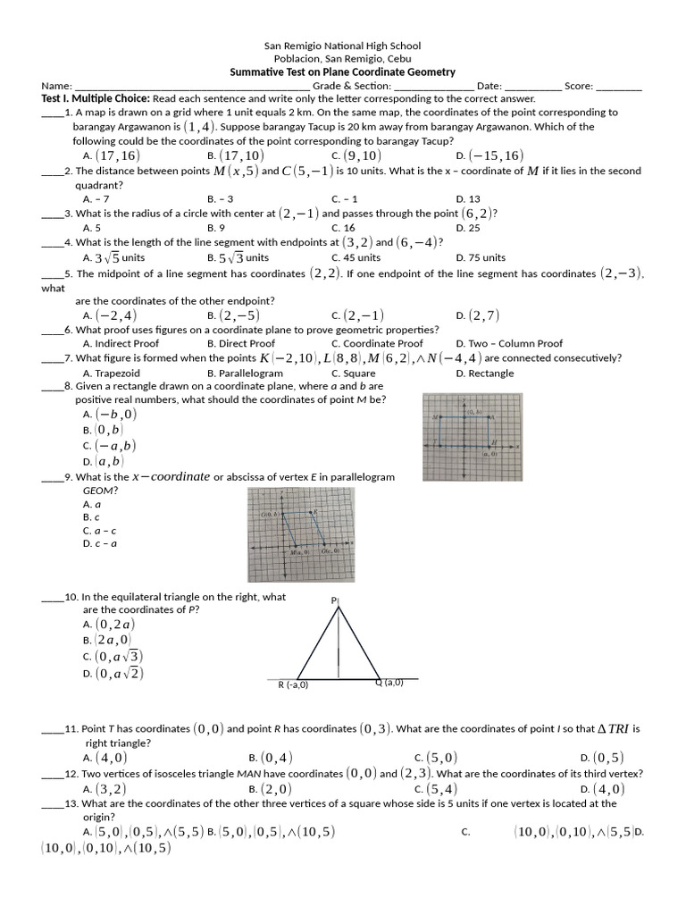 Summative Test on Plane Coordinate Geometry | PDF | Circle | Triangle