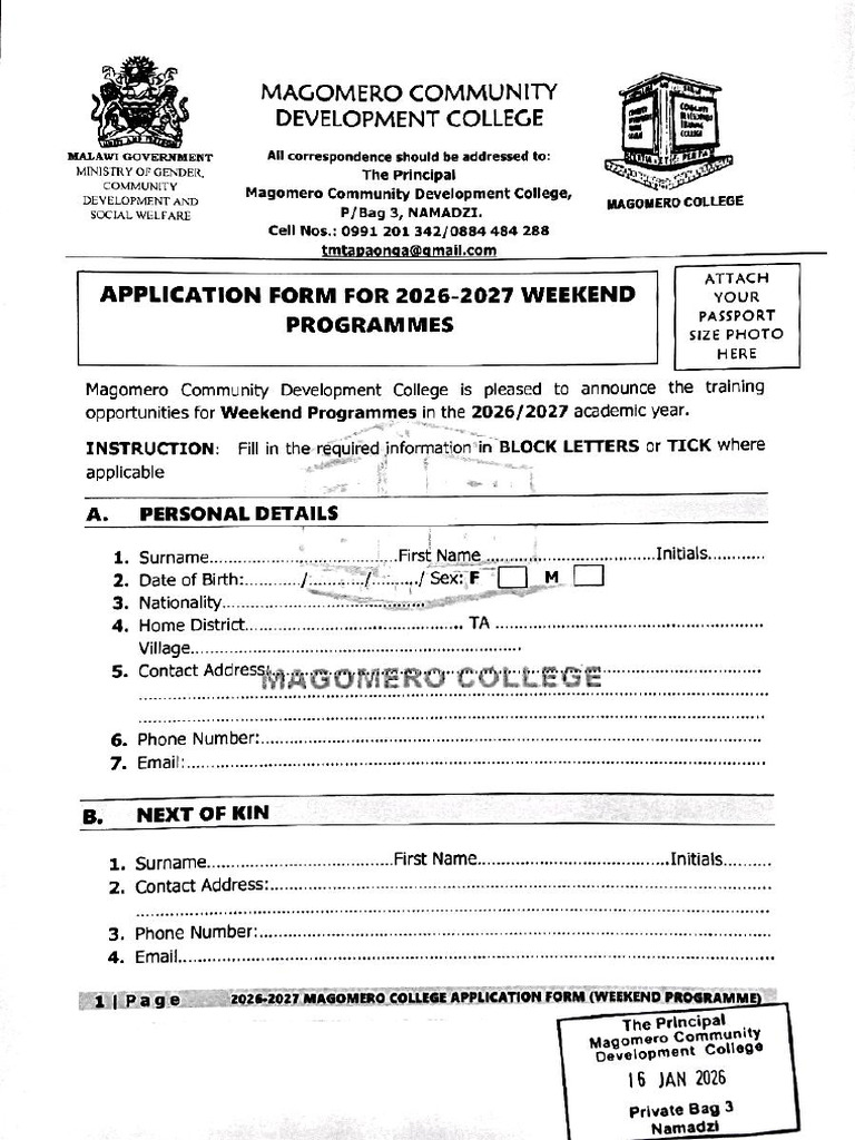 Magomero 2026-27 Weekend Application Form | PDF