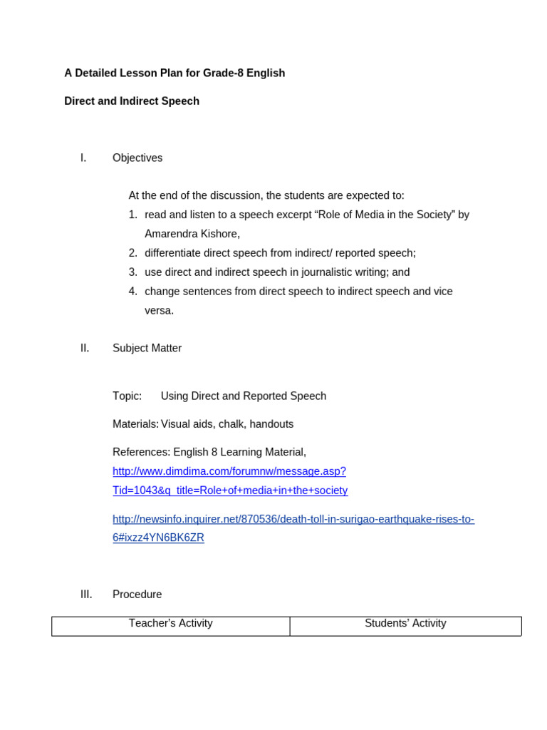 A Detailed Lesson Plan for Grade 8 Engli | PDF