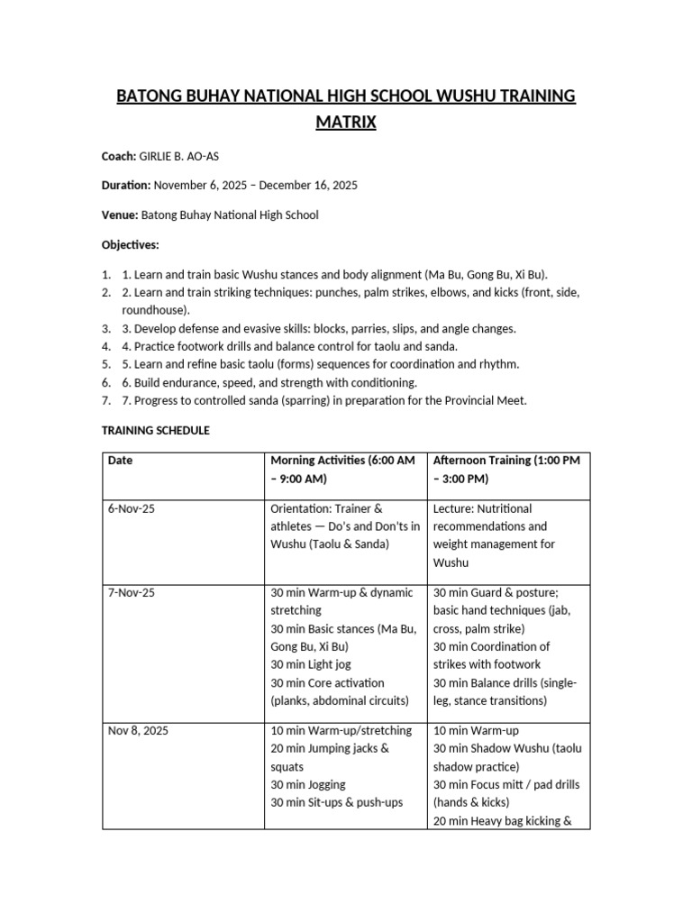 Wushu Training Program at Batong Buhay | PDF | Chinese Martial Arts