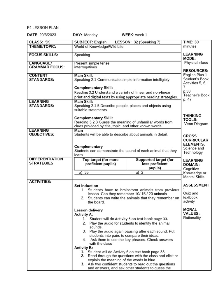 F4 English Lesson Plan: Speaking Skills | PDF | Learning | Lesson Plan