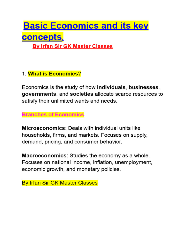 Key Concepts of Basic Economics | PDF | Cost Of Living | Fiscal Policy