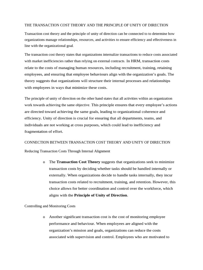 The Transaction Cost Theory and the Principle of Unity of Direction ...