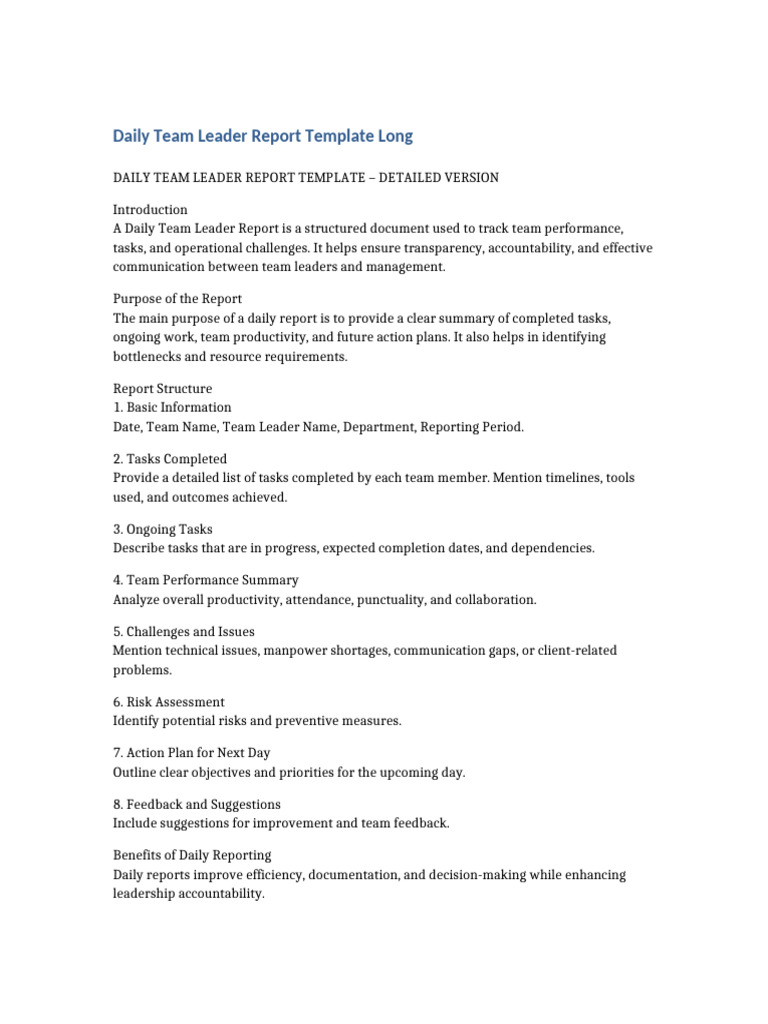 Daily Team Leader Report Template Long | PDF