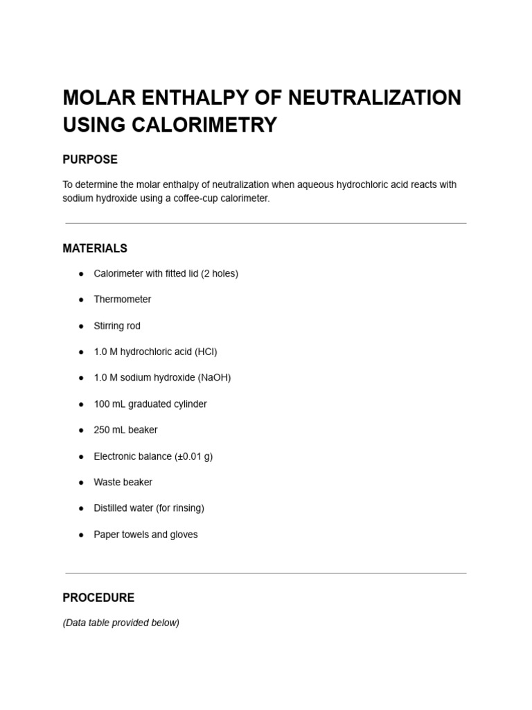 Molar Enthalpy of Neutralization Experiment | PDF | Sodium Hydroxide ...