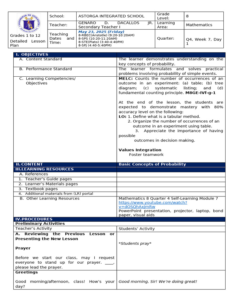 Grade 8 Probability Lesson Plan | PDF | Learning | Teachers