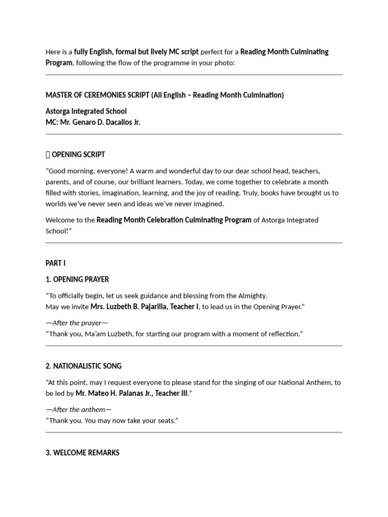 MC Script for Reading Month Program | PDF