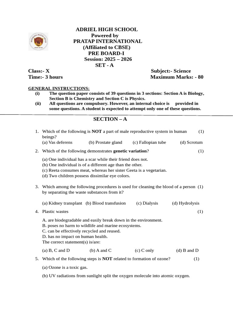 Class X Science Pre Board-I Exam 2025 | PDF | Carbon | Electric Current