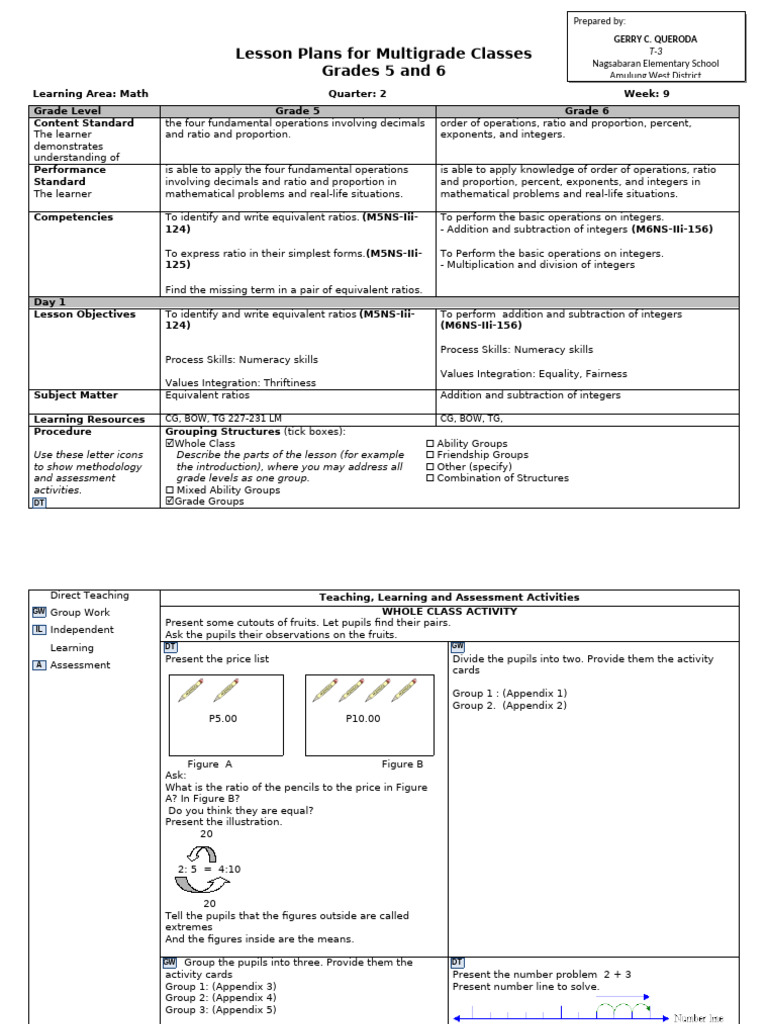Multigrade Math Lesson Plans: Ratios & Integers | PDF | Ratio ...