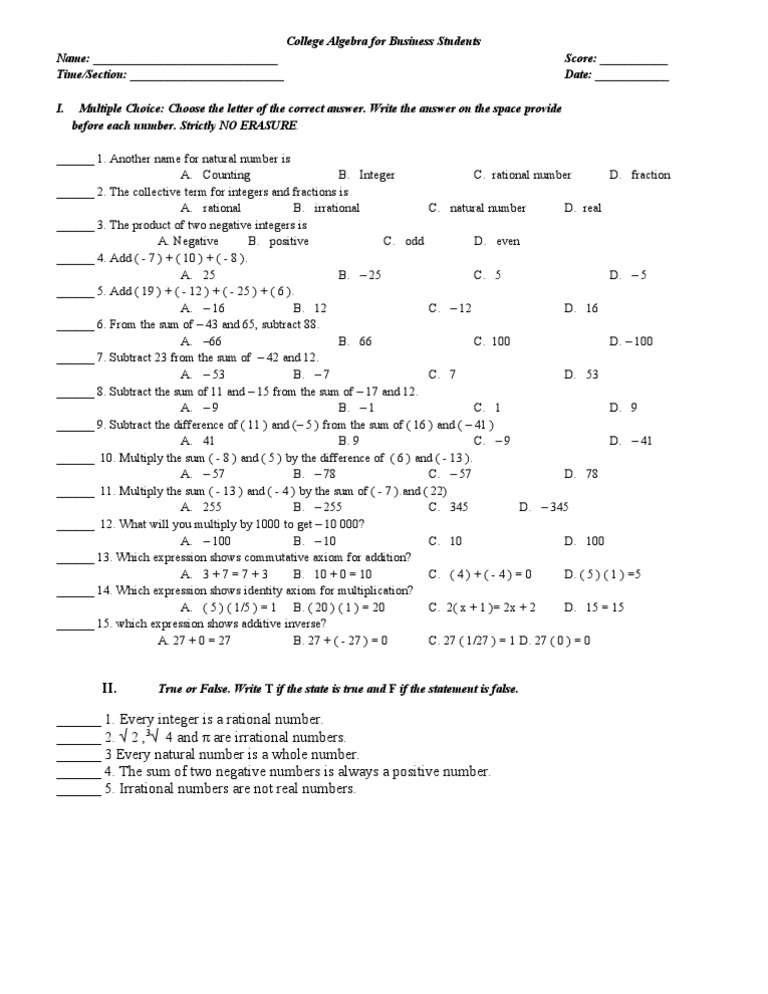 College Algebra Quiz for Business Students | PDF | Teaching Methods ...