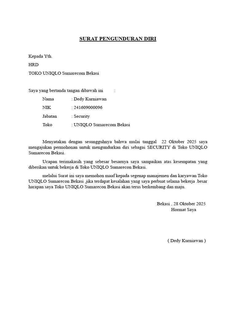 Surat Pengunduran Diri Dedy Kurniawan | PDF
