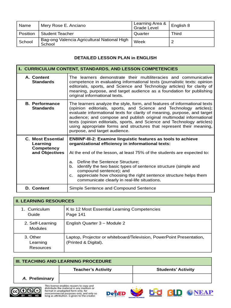 English 8 Lesson Plan: Sentence Structure | PDF | Subject (Grammar ...