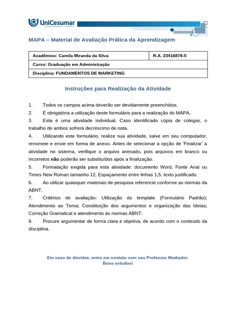 Atividade MAPA_Fundamentos de Marketing | PDF | Setor terciário da economia