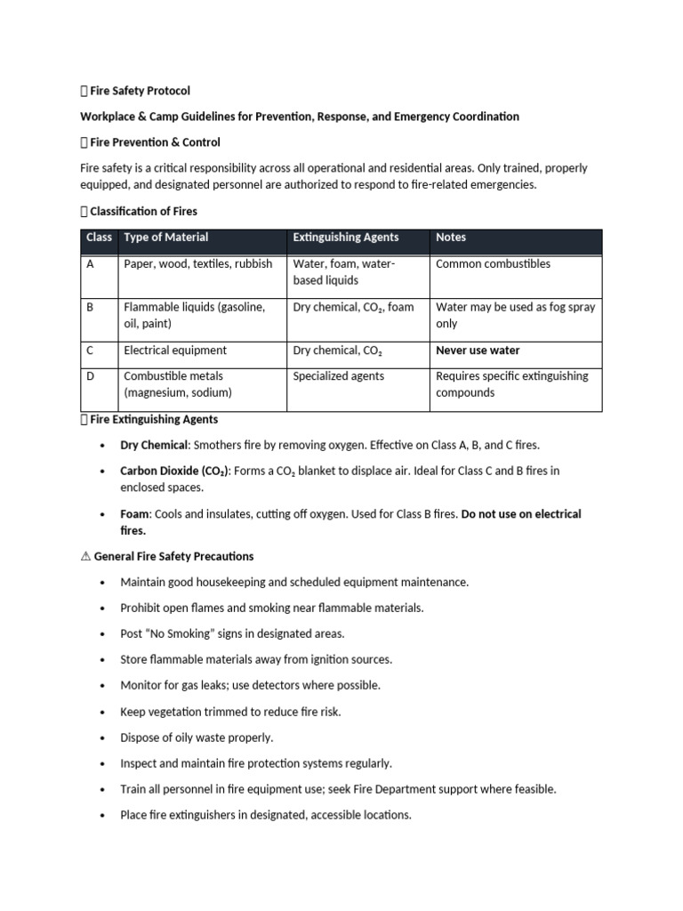 Fire Safety Protocols for Workplace & Camps | PDF | Fires | Hazards
