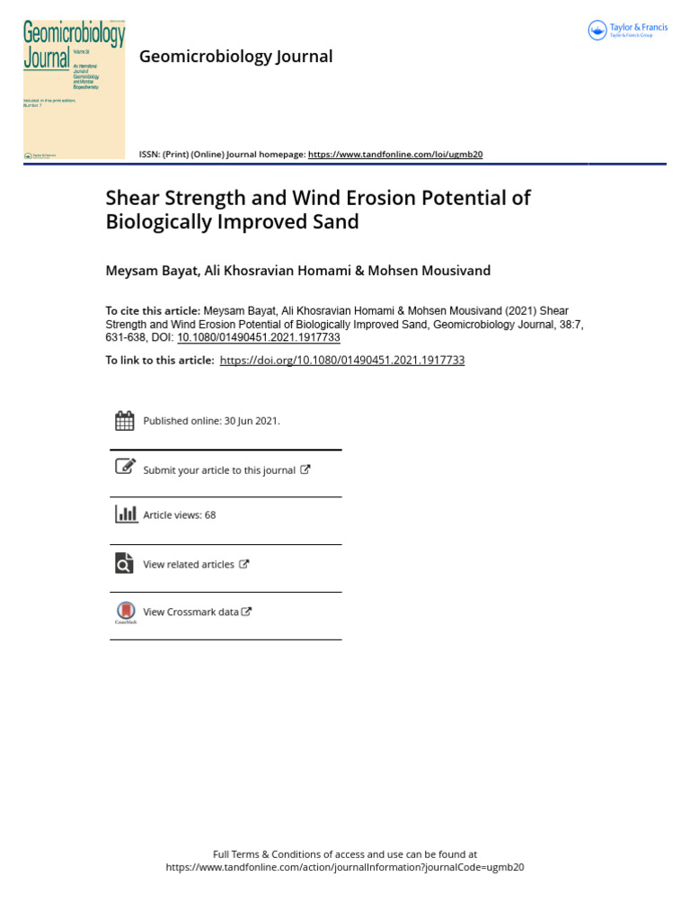 Shear Strength and Wind Erosion Potential of Biologically Improved Sand ...