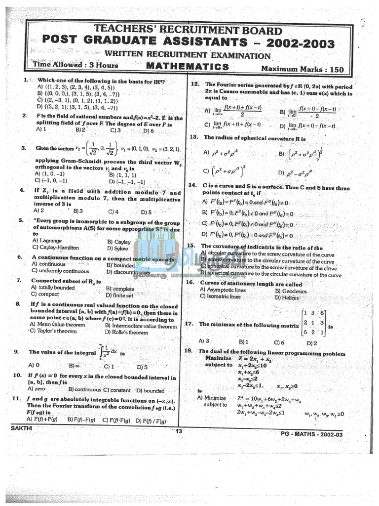 PGTRB Maths Original Question Paper 2002 - 2003 | PDF