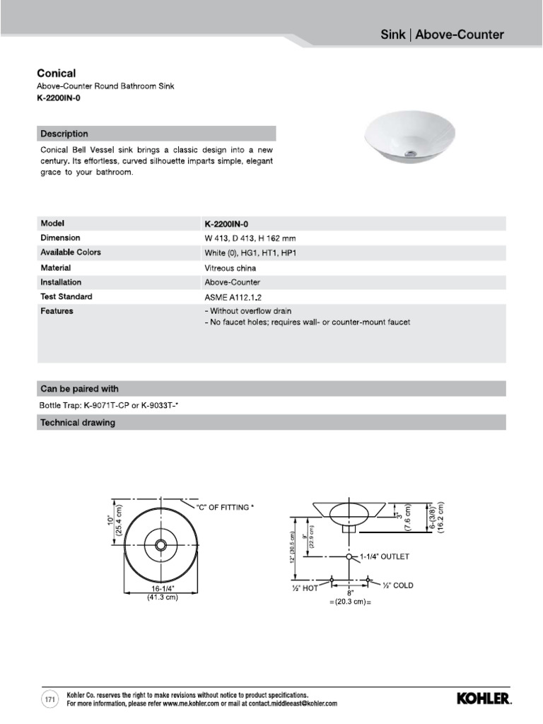 K-2200IN-0 Above Counter Sink Spec Sheet | PDF