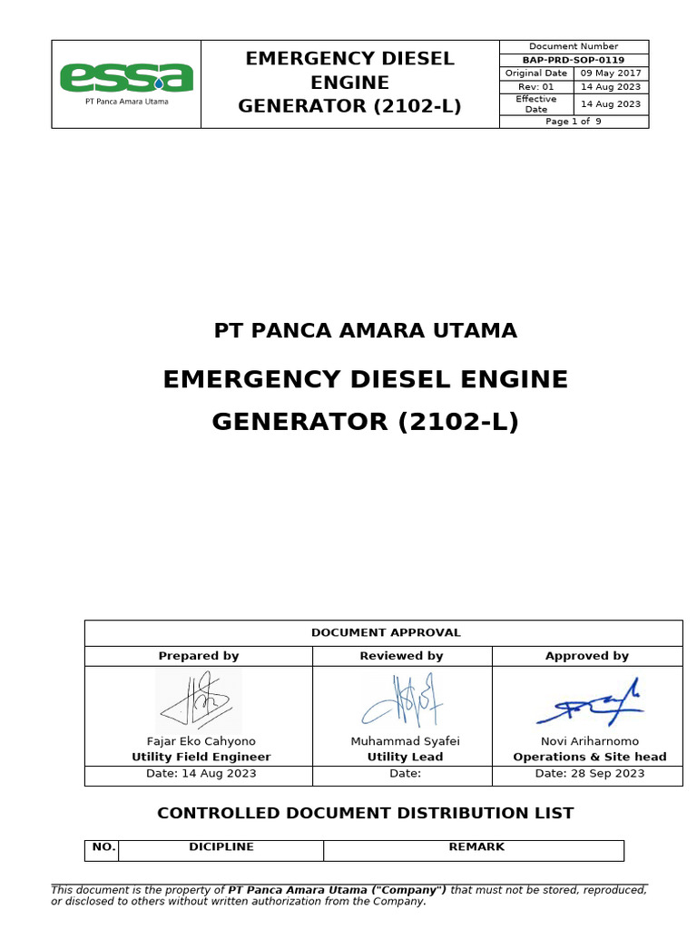 230814 Bap-prd-sop-0119 Emergency Diesel Engine Generator 2102-l r01 ...