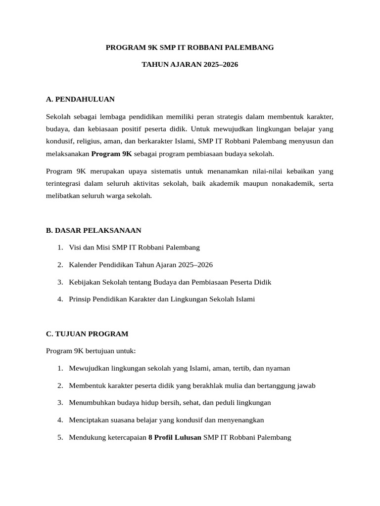 Program 9K SMP IT Robbani Palembang | PDF