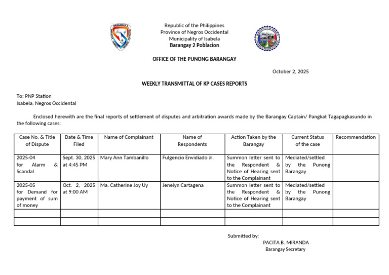 Weekly Transmittal of Kp Cases Report | PDF | Dispute Resolution ...