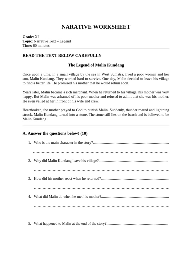 Malin Kundang Legend Narrative Worksheet | PDF