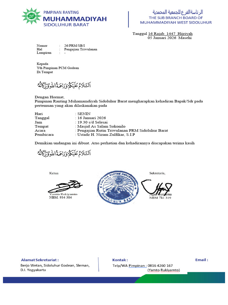 Undangan Pengajian Triwulanan PRM Sidoluhur | PDF