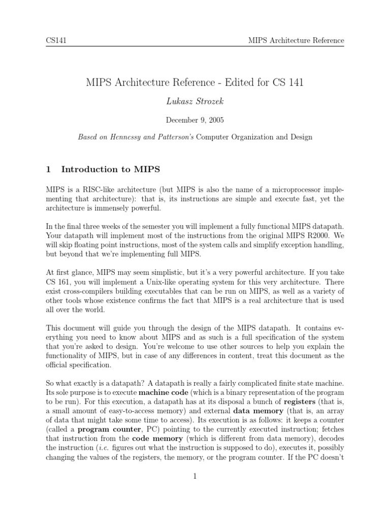 Mips Reference | Instruction Set | Mips Instruction Set