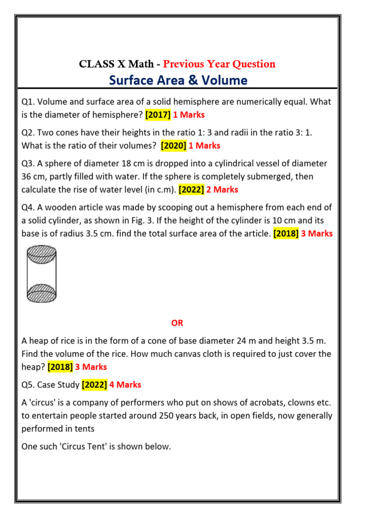 Class X Math: Surface Area & Volume Questions | PDF | Sphere | Volume