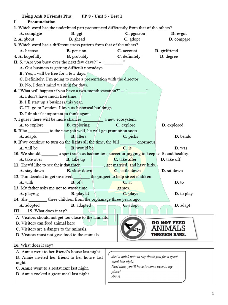 English 8 Friends Plus Unit 5 Test | PDF | Foods