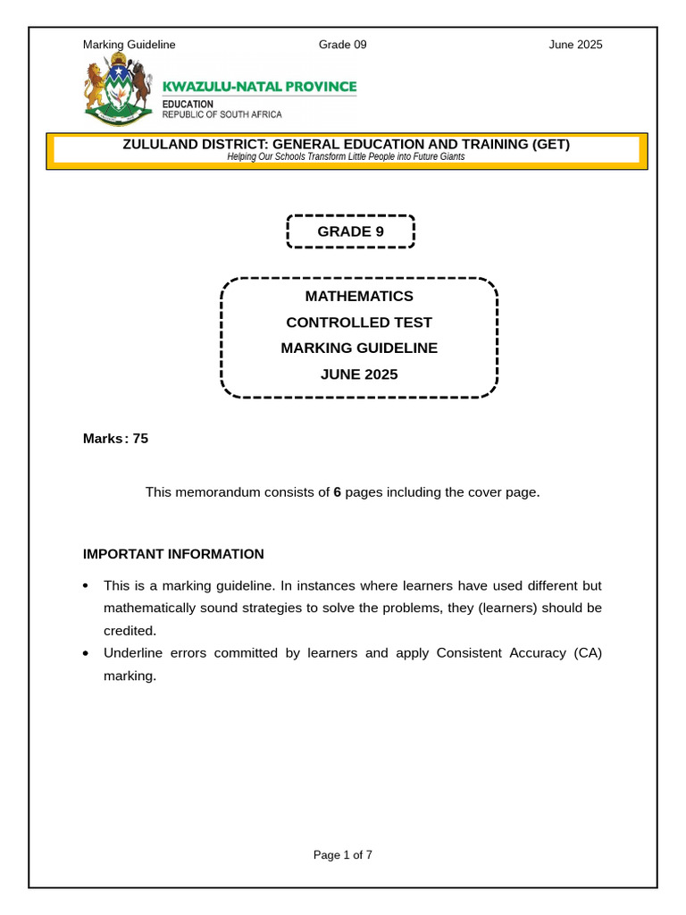 Grade 9 Mathematics Marking Guide 2025 | PDF | Mathematics | Applied ...