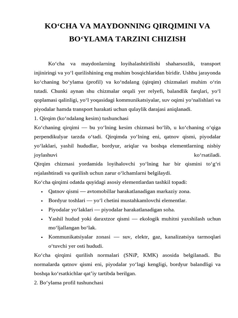 Ko‘Cha Va Maydonning Qirqimini Va Bo‘Ylama Tarzini Chizish | PDF
