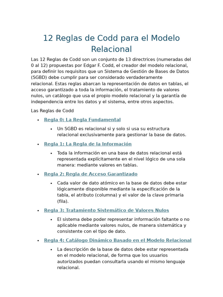12 Reglas de Codd Para El Modelo Relacional | PDF | Base de datos ...