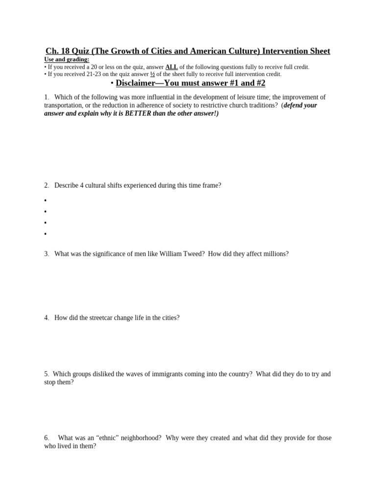 Chapter 18 Quiz Intervention Sheet APUSH | PDF