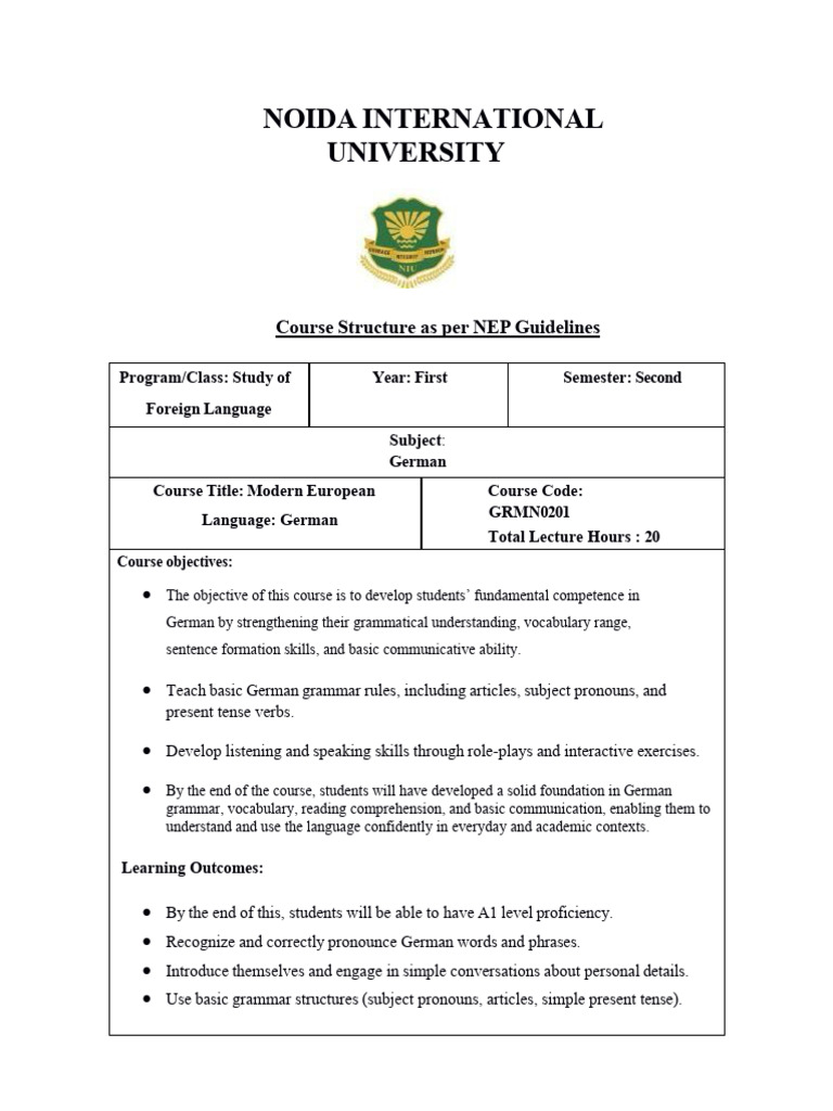 German Syllabus 2 | PDF | German Language | Grammatical Gender
