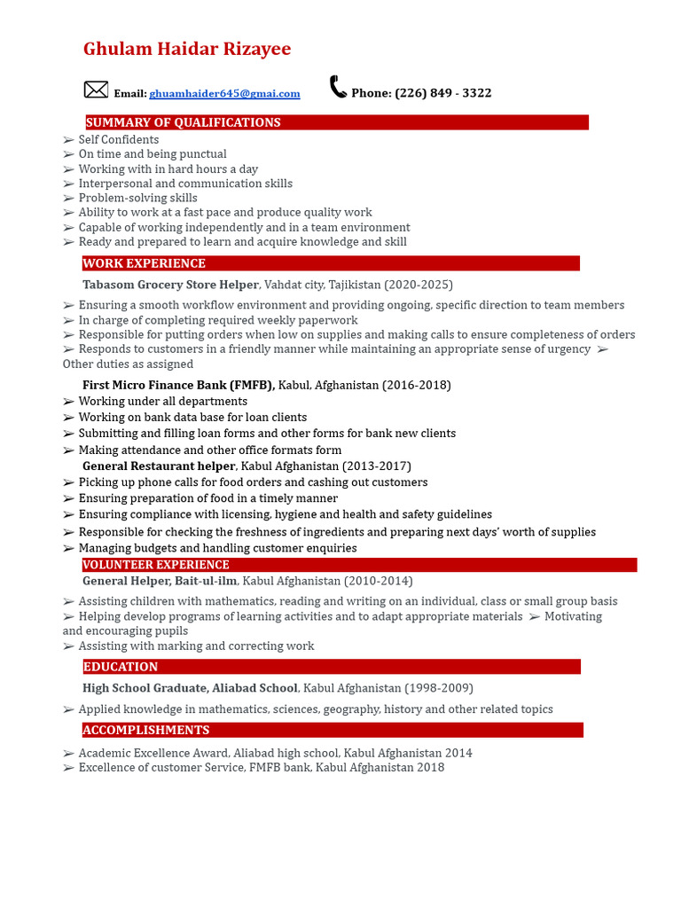 Ghulam Haidar Rizayee CV | PDF