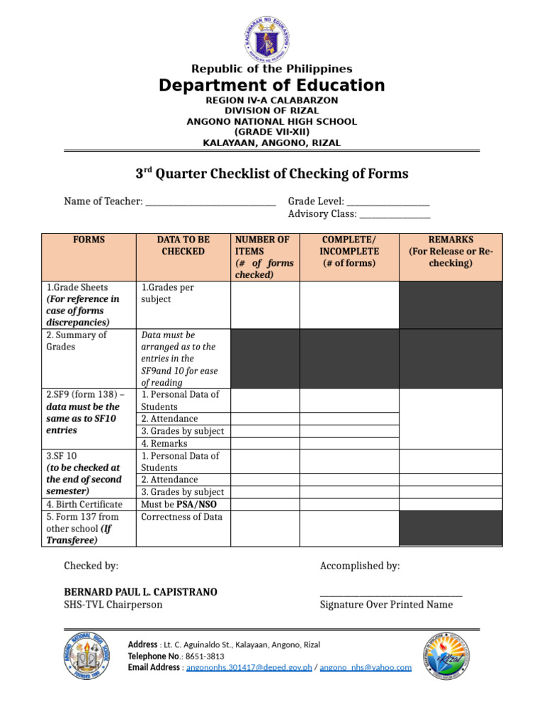 Checklist Checking of Forms 1 Quarter | PDF