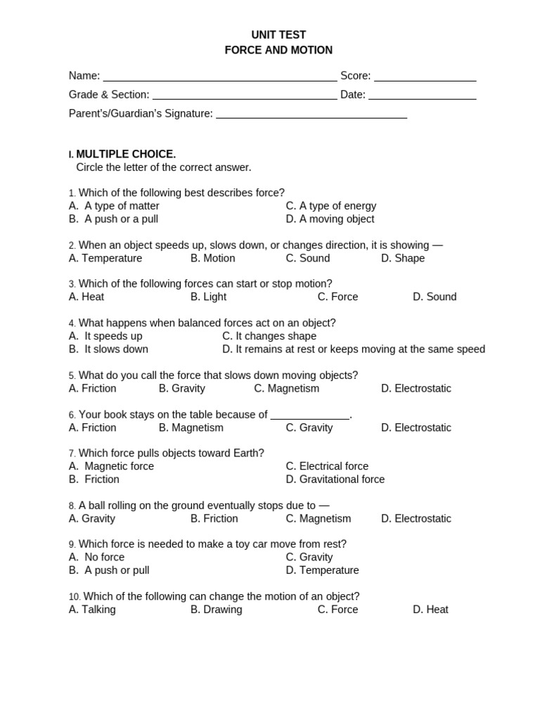 Force and Motion Unit Test | PDF | Force | Gravity