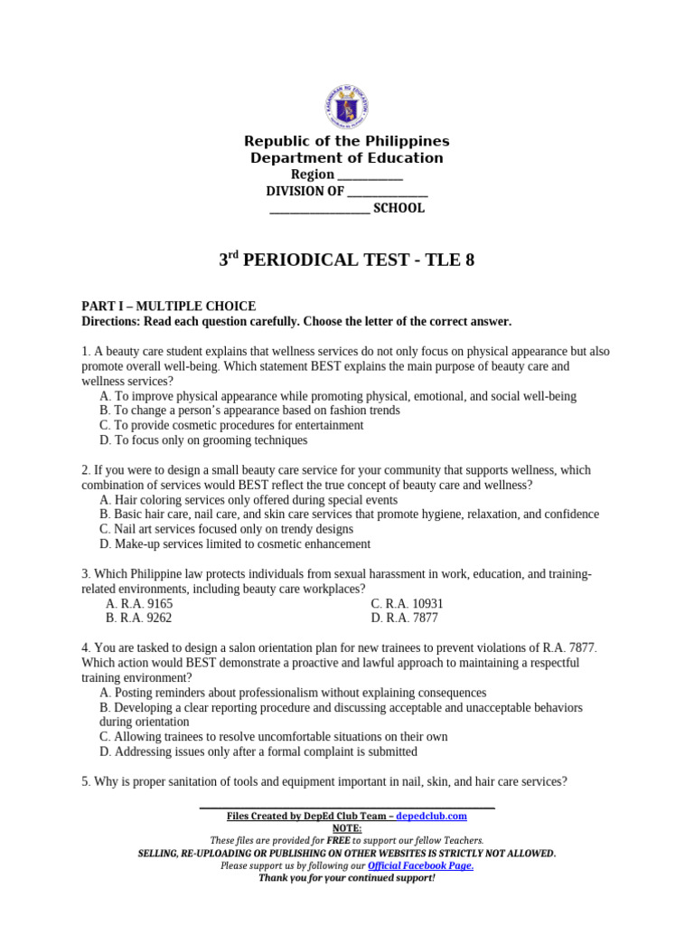 TLE 8 Periodical Test: Beauty Care & Wellness | PDF