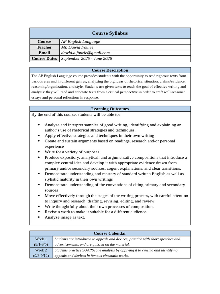 AP English Language Course Syllabus | PDF | Rhetoric | Essays