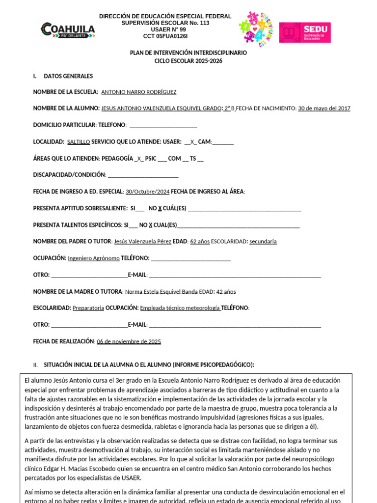 Plan de Intervención Interdisciplinario JESUS ANTONIO VALENZUELA ...