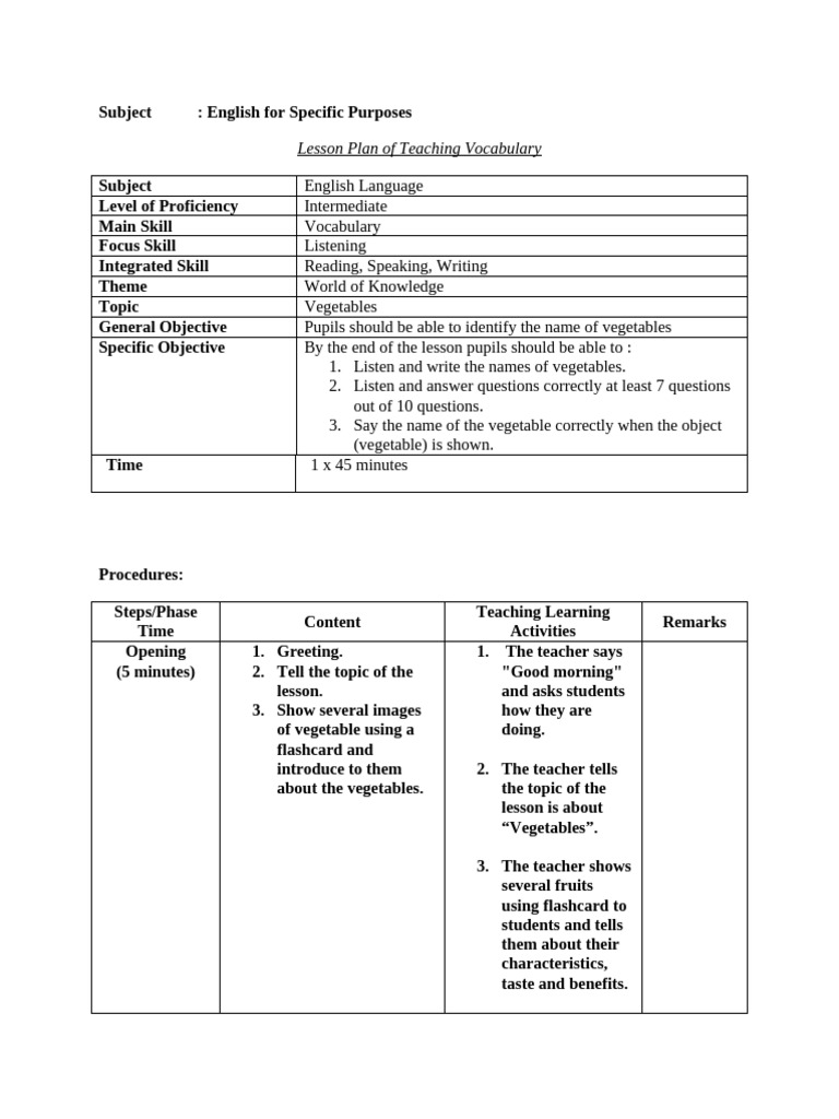 Vocabulary Lesson Plan: Vegetables | PDF | Vegetables | Lesson Plan
