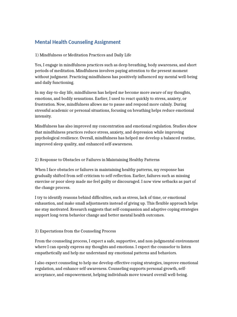 Mental Health Counseling Assignment (1) | PDF | Psychotherapy | Mindfulness